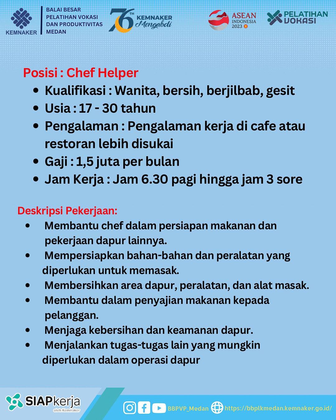 Lowongan Kerja (Chef Helper Restaurant) – BBPVP MEDAN
